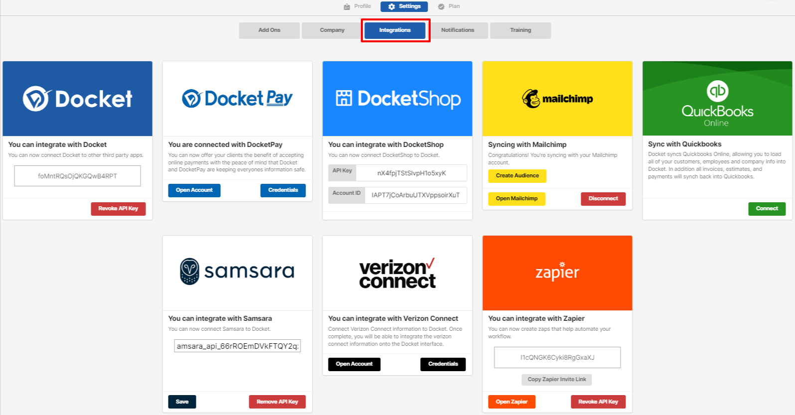 Main Settings Directory – Docket Support
