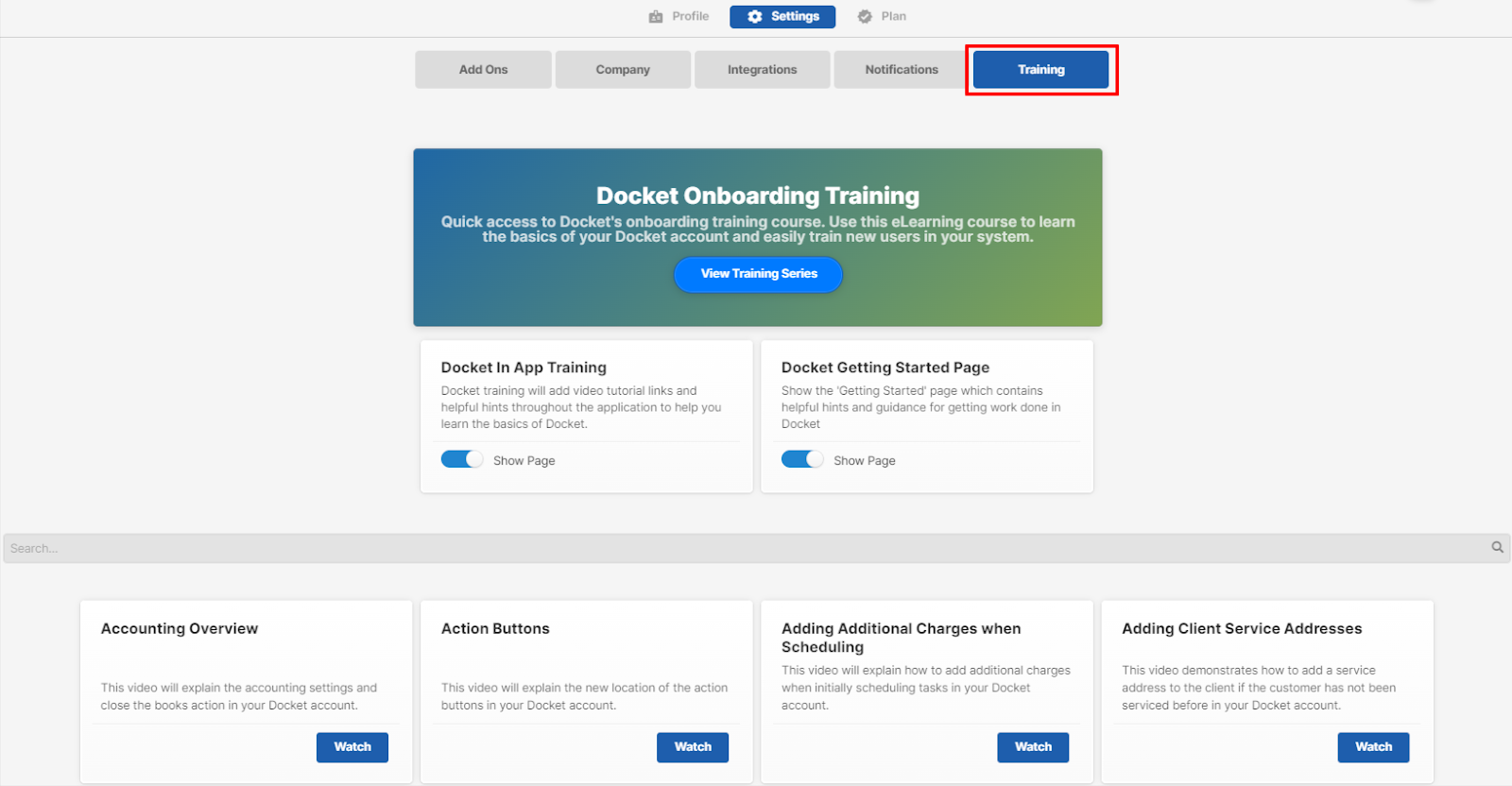 Main Settings Directory – Docket Support