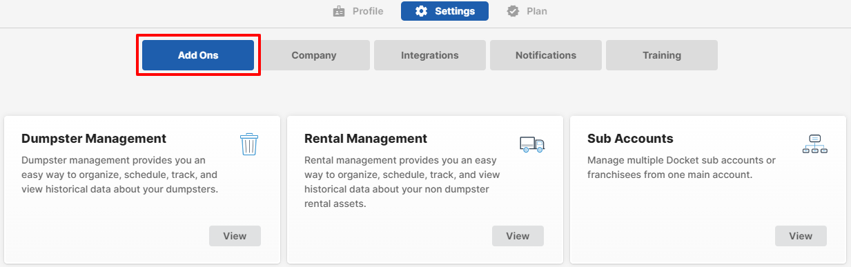 Main Settings Directory – Docket Support