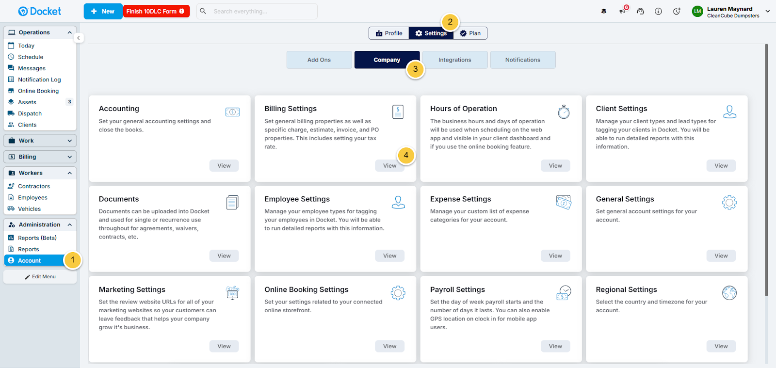 Billing Settings: General – Docket Support