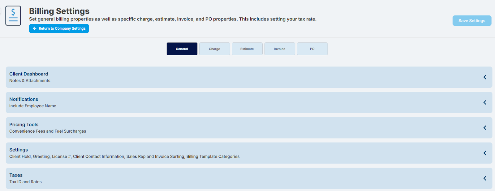 Billing Settings: General – Docket Support