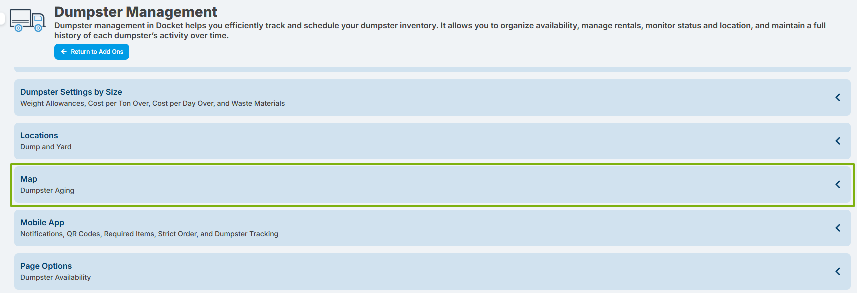 Dumpster Management: Map – Docket Support