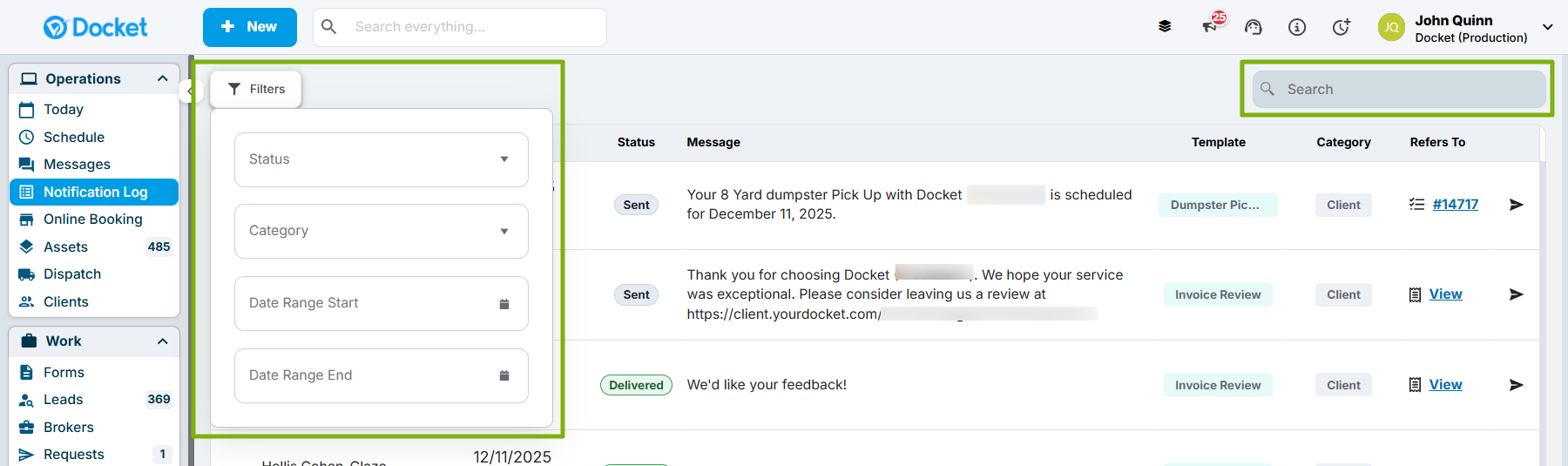 Notification Log Overview – Docket Support