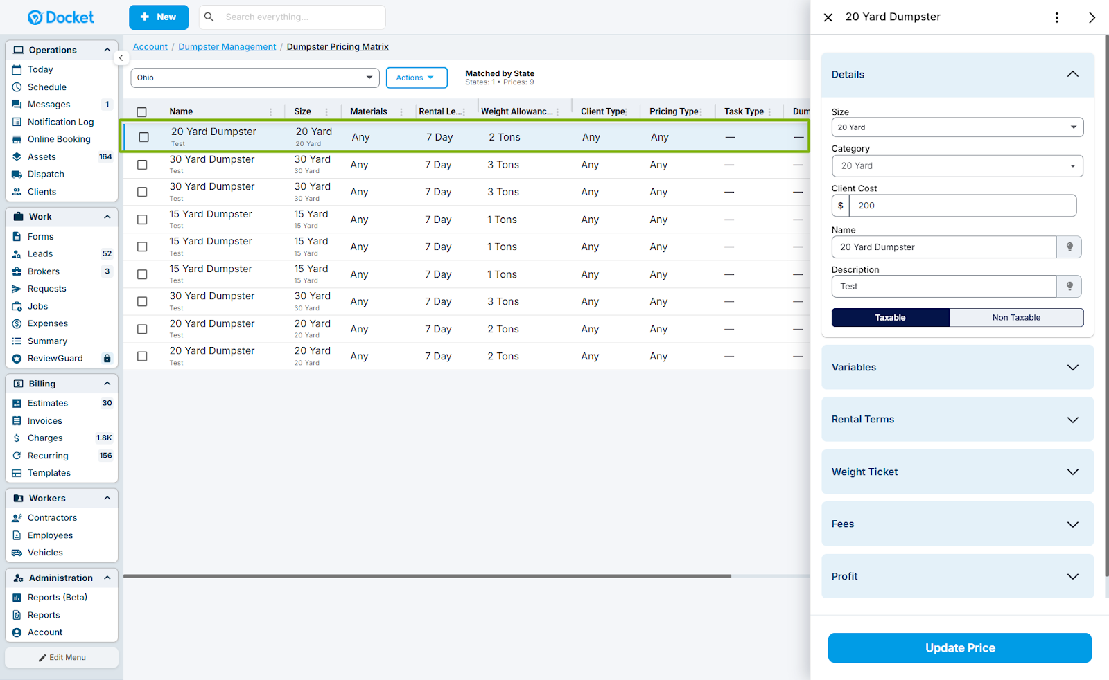 Pricing Matrix Overview – Docket Support